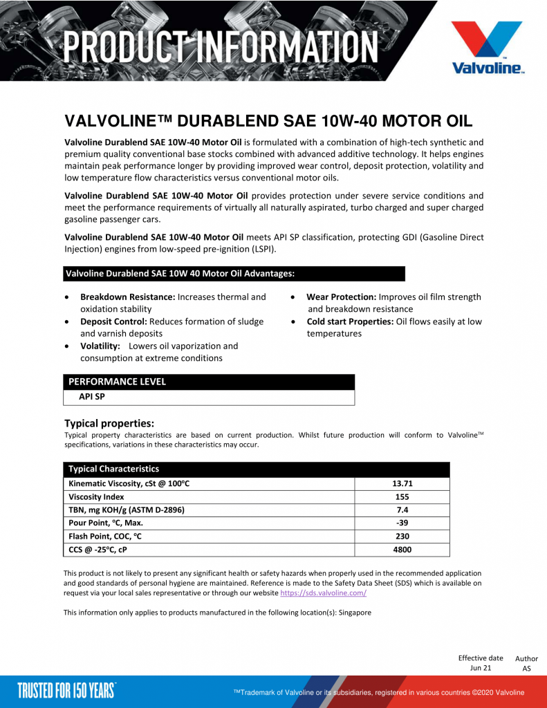 VALVOLINE DURABLEND SP 10W40 - Greatocean